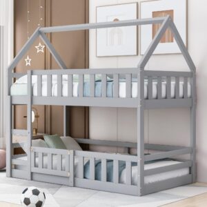 BestLM Twin Over Twin House Bunk Bed with Ladder and Roof, Wood Low Bunk Bed Twin Over Twin with Fence and Lockable Door for Kids, Teens, Boys, Girls, No Box Spring Needed, Gray