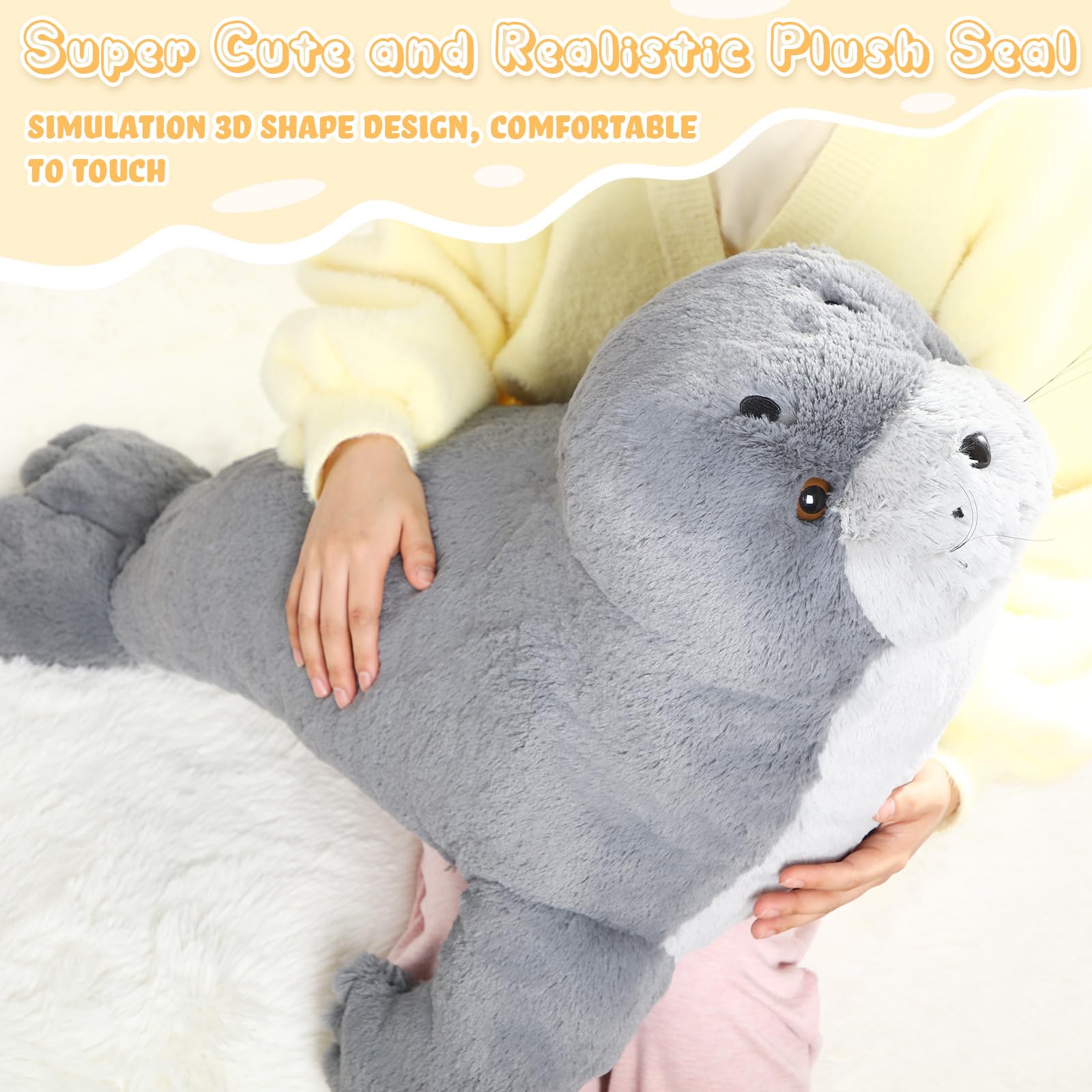 39 Inch Giant Seal Plush Stuffed Animal Large Soft Cuddly Grey Cute Hug Seal Plush Toy Adorable Big Seal Pillow Gift for Kids Sleeping Companion Birthday Ocean Animals Decor