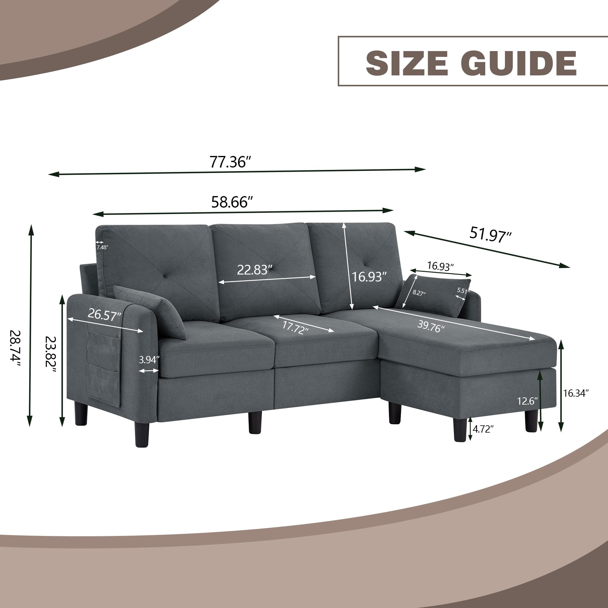 Pingliang Home Sectional Sofa Couches for Living Room, Convertible L Shaped Sofas 3-Seat Modular Couch with Reversible Chaise, Modern Linen (Dark Grey)