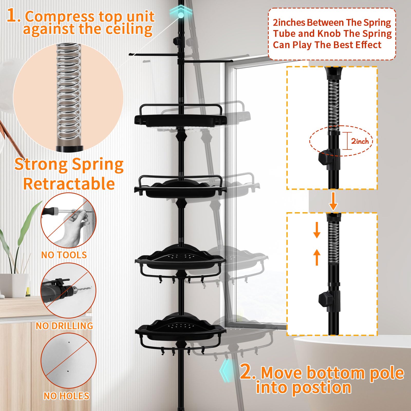 WSBArt Corner Shower Caddy Tension Pole Quick Installation Shower Caddy 18/8 Stainless Steel Rustproof Shower Organizer 4 Tier Adjustable Shower Shelves for Bathtub Shower Rack 32-122inch