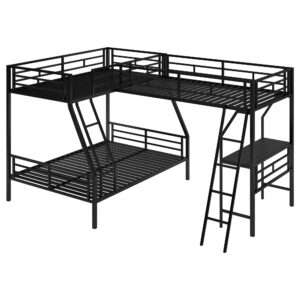 SOFTSEA L-Shaped Twin Over Full Bunk Bed with Built-in Desk, Heavy-Duty Metal Bunk Bed Frame for 3 Persons, Space-Saving Design, No Box Spring Needed, Safety Guardrails, Noise-Free, Black