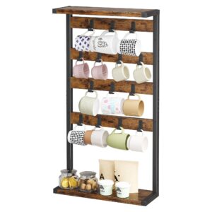 homeiju 14-hook large coffee mug holder for countertop/wall mounted,4 tier coffee cup holder with top & bottom storage shelf,adjustable hook & shelves,mug tree for home bar,coffee station