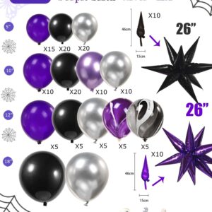 yeewaka purple black and silver balloon garland arch kit 150pcs with starburst balloons for Wednesday theme party for Halloween Vampirina Nightmare Ghost Eyes Party decorations