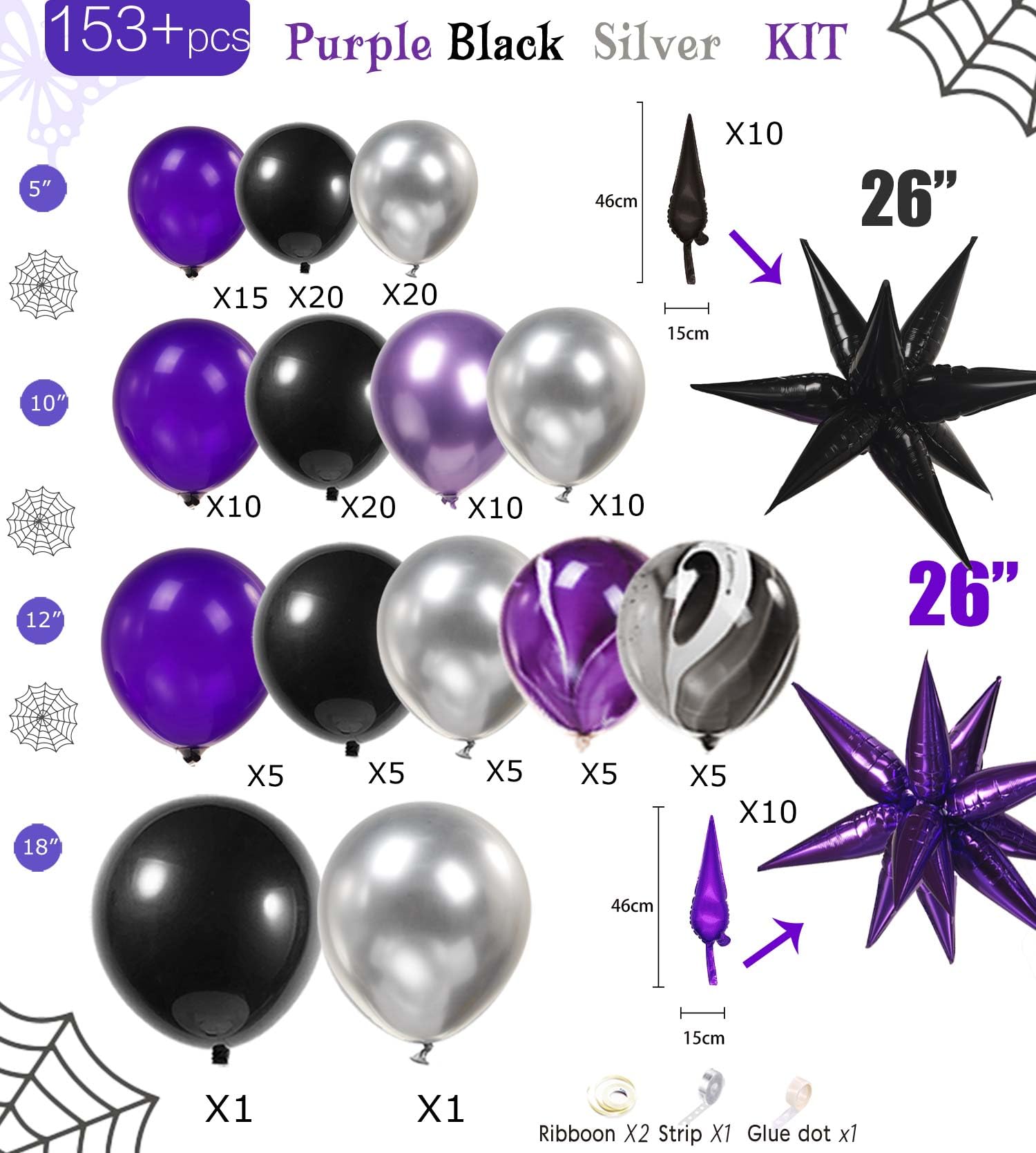 yeewaka purple black and silver balloon garland arch kit 150pcs with starburst balloons for Wednesday theme party for Halloween Vampirina Nightmare Ghost Eyes Party decorations