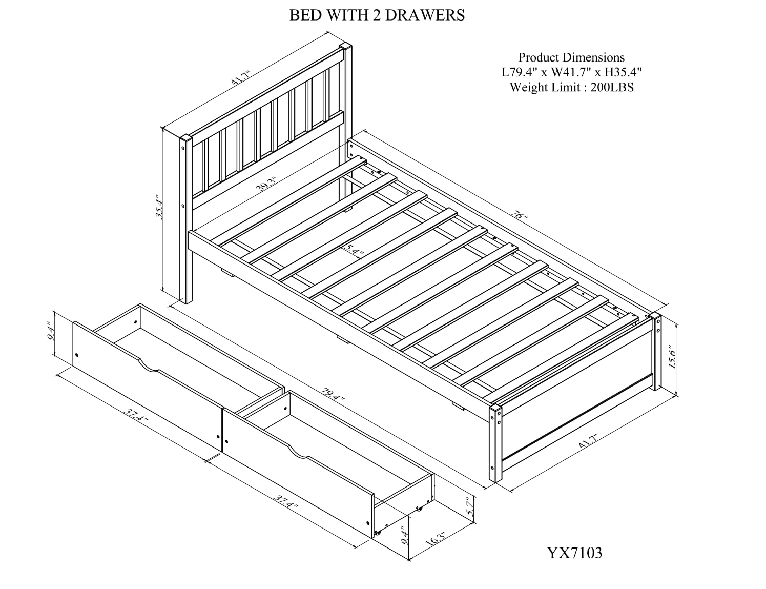 Harper & Bright Designs Twin Bed Frame with Storage Drawers,Wood Twin Beds with Drawers Underneath, Kids Twin Platform Bed with Headboard, No Box Spring Needed,White Washed