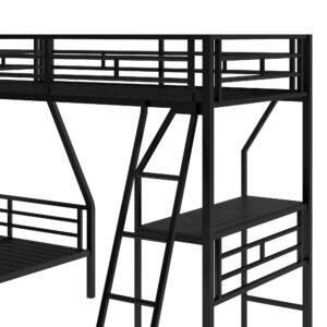 SOFTSEA L-Shaped Twin Over Full Bunk Bed with Built-in Desk, Heavy-Duty Metal Bunk Bed Frame for 3 Persons, Space-Saving Design, No Box Spring Needed, Safety Guardrails, Noise-Free, Black