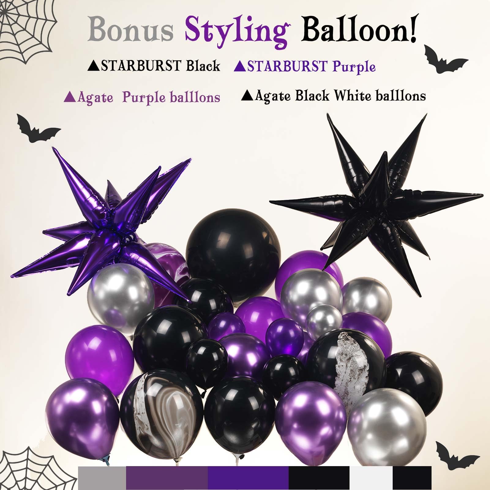 yeewaka purple black and silver balloon garland arch kit 150pcs with starburst balloons for Wednesday theme party for Halloween Vampirina Nightmare Ghost Eyes Party decorations