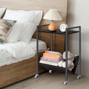 MOOACE End Table, Side Table, Printer Stand with Wheels, Nightstand, 2-Tier Storage Shelf, Bedside Sofa Table for Small Space, Living Room, Bed Room, Black