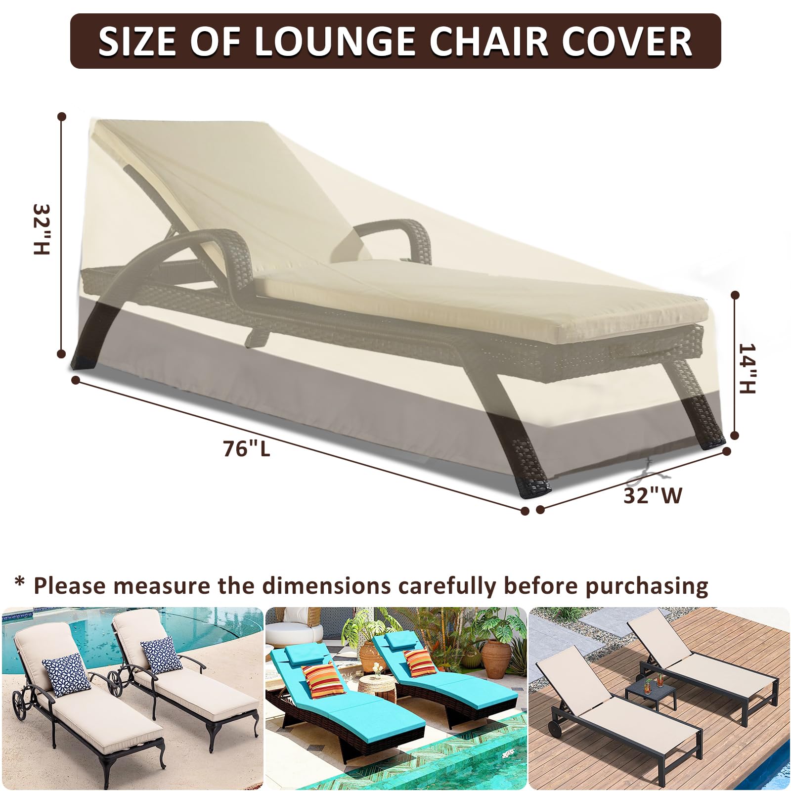 Wanocean Chaise Lounge Cover Outdoor Waterproof, Lounge Chair Cover for Patio Furniture Heavy Duty, UV & Fade Resistant, All Weather Protection, 1 Pack, 76L x 32W x 32H inch