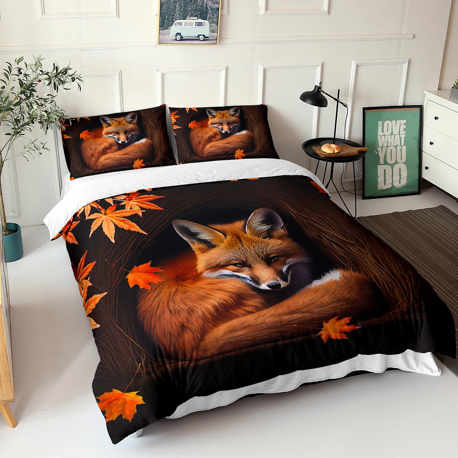 AILONEN Fox Duvet Cover Set, Twin Girls Comforter Cover Set, Orange Autumn Maple Leaves Print Bedding Set,Cute Fox Kawaii Kids Comforter Cover Set 3Pcs, 1 Quilt Cover and 2 Pillowcases(No Comforter)