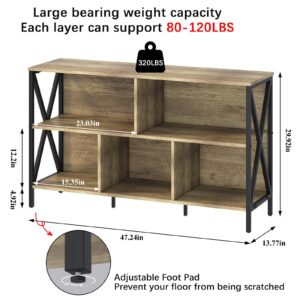 Horizontal Bookshelf,Industrial Modern 5 Cube Low Wide Cubby Bookcase,Long Wood and Metal Storage Organizer Open Shelf, Short Book Shelf Bedroom Storage for Home Office Living Room(Rustic Oak,5 Cube)