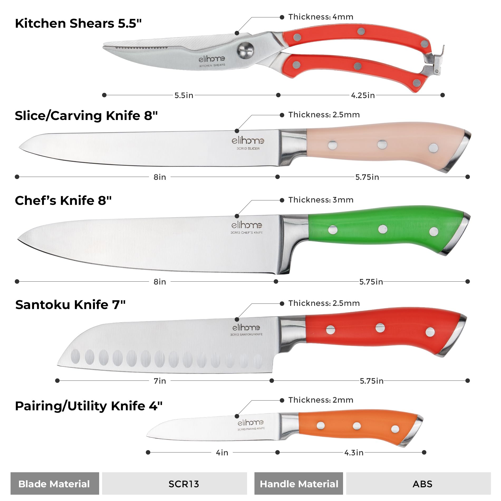 Elihome 5 Piece Professional Kitchen Knife Set, Premium Stainless Steel Ultra Sharp Knives Set for Kitchen, Ergonomic Colorful Handle, Home Cooking, Perfect Cutlery Set Gift, without Block