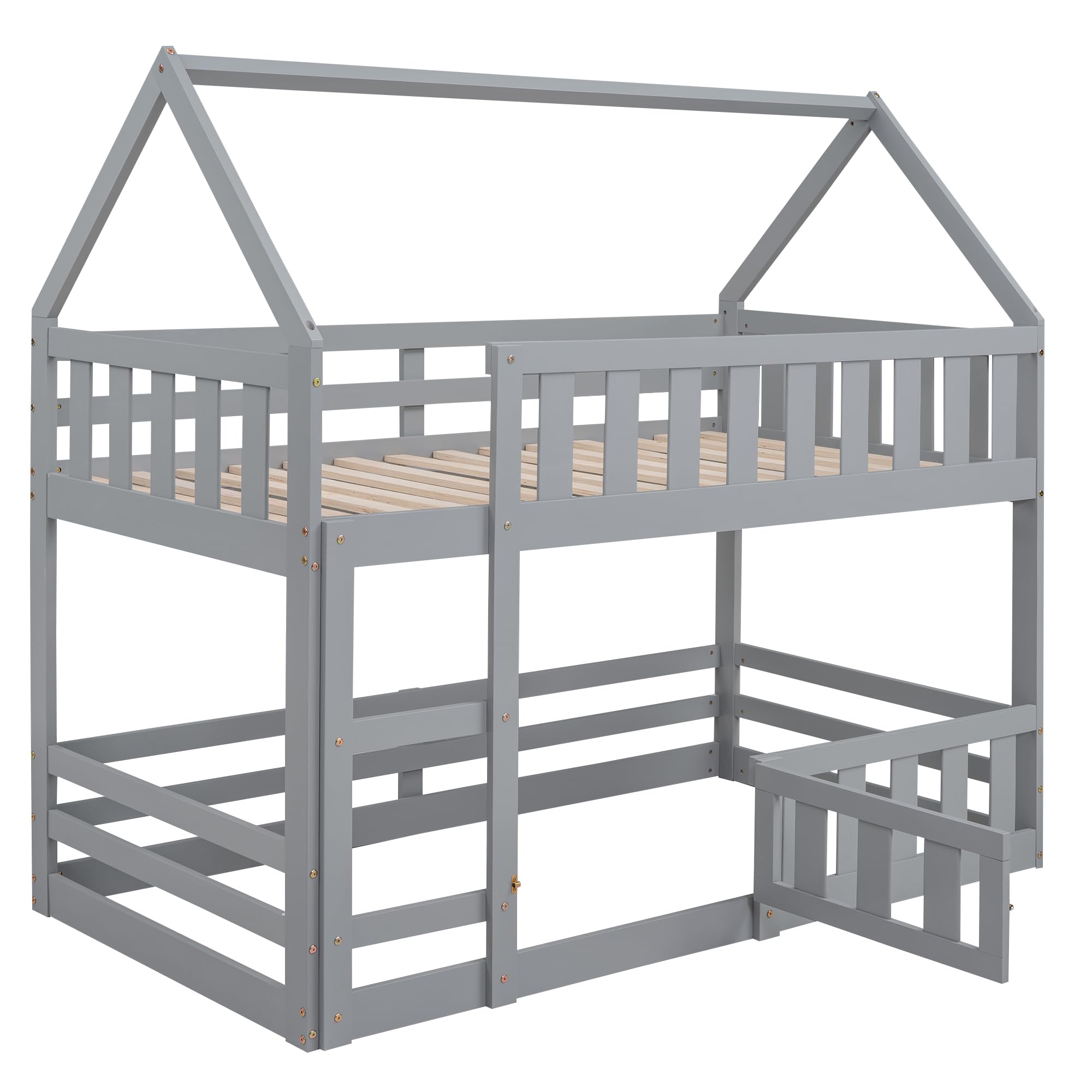 BestLM Twin Over Twin House Bunk Bed with Ladder and Roof, Wood Low Bunk Bed Twin Over Twin with Fence and Lockable Door for Kids, Teens, Boys, Girls, No Box Spring Needed, Gray