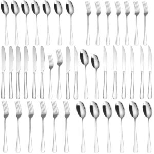 aizoevcn 48-piece flatware set with steak knives, service for 8, stainless steel silverware cutlery set for home and restaurant, modern design, mirror polished finish