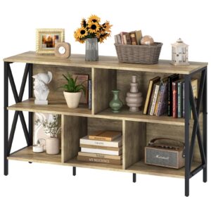 horizontal bookshelf,industrial modern 5 cube low wide cubby bookcase,long wood and metal storage organizer open shelf, short book shelf bedroom storage for home office living room(rustic oak,5 cube)