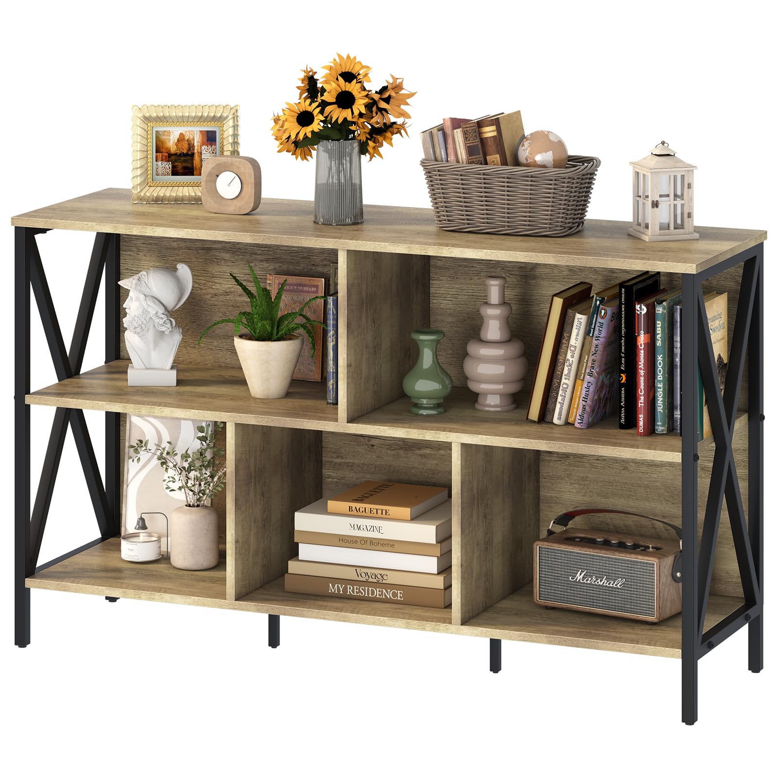 Horizontal Bookshelf,Industrial Modern 5 Cube Low Wide Cubby Bookcase,Long Wood and Metal Storage Organizer Open Shelf, Short Book Shelf Bedroom Storage for Home Office Living Room(Rustic Oak,5 Cube)