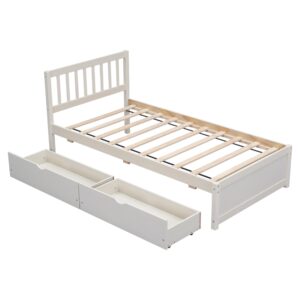 Harper & Bright Designs Twin Bed Frame with Storage Drawers,Wood Twin Beds with Drawers Underneath, Kids Twin Platform Bed with Headboard, No Box Spring Needed,White Washed