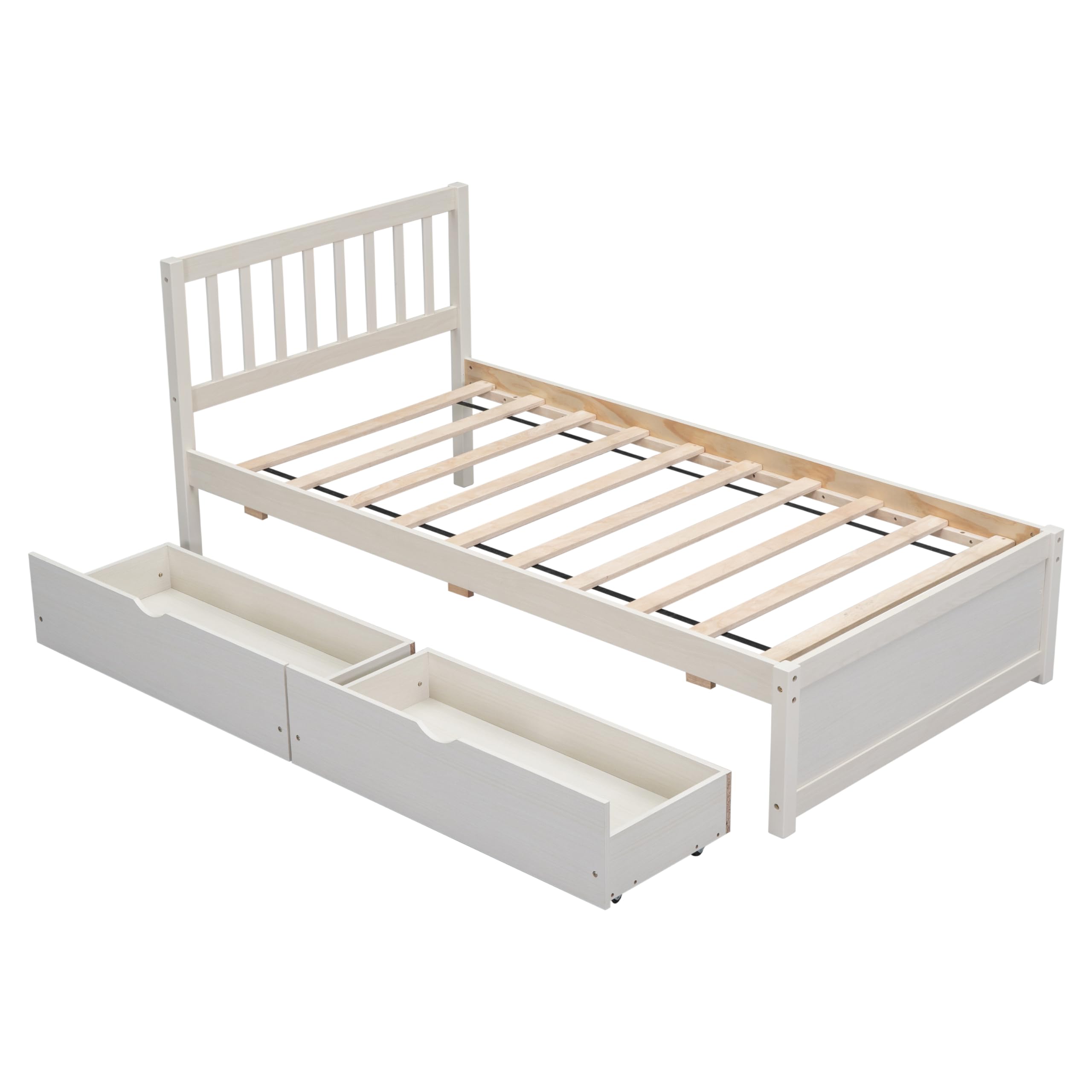 Harper & Bright Designs Twin Bed Frame with Storage Drawers,Wood Twin Beds with Drawers Underneath, Kids Twin Platform Bed with Headboard, No Box Spring Needed,White Washed