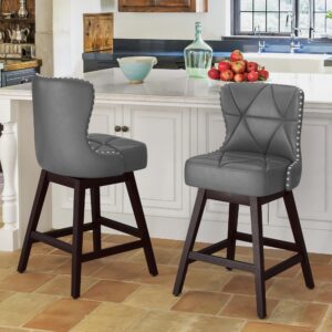 Cozyman Counter Height Bar Stools, 26" H Swivel Bar Stool with Back, Faux Leather Counter Stool, Solid Wood Legs, Retro Upholstered Barstools for Kitchen Island, Home Bar, Pub, Dark Gray