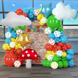 eceae 118pcs red blue yellow green rainbow circus balloons garland arch kit with star, mushroom, cloud balloons, for baby shower, birthday decoration, cartoon & video game & carnival themed parties