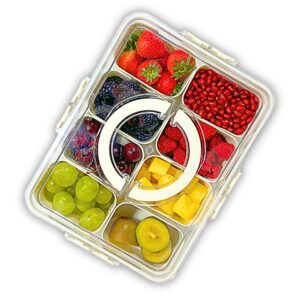 divided serving tray with lid & handle - portable snackle box charcuterie container for snack platters - 8 compartments snack boxes for candy, fruits, nuts - perfect for party, entertaining