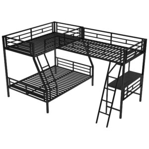 SOFTSEA L-Shaped Twin Over Full Bunk Bed with Built-in Desk, Heavy-Duty Metal Bunk Bed Frame for 3 Persons, Space-Saving Design, No Box Spring Needed, Safety Guardrails, Noise-Free, Black