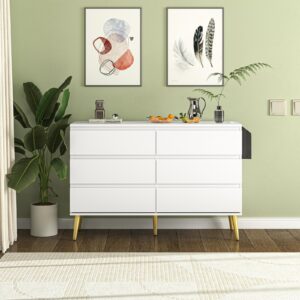 TJYGO White Dresser with Charging Station, Modern Chest 6 Drawers, Clothing Organizer with Wide Storage Space, Storage Cabinet for Living Room, Bedroom, Closet, Hallway