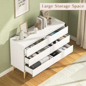 TJYGO White Dresser with Charging Station, Modern Chest 6 Drawers, Clothing Organizer with Wide Storage Space, Storage Cabinet for Living Room, Bedroom, Closet, Hallway