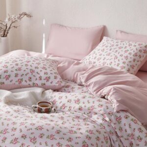 wake in cloud - coquette duvet cover set, floral cottagecore flower shabby chic cute aesthetic, soft lightweight bedding for women teen girls, 3-piece, pink, twin/twin xl size