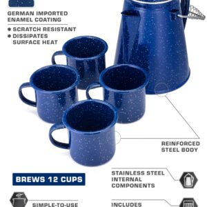 COLETTI Classic Camping Coffee Pot & Enamel Mug Set — Percolator Coffee Pot, Enamel Coffee Mug – Complete Nostalgic Bundle – German Imported Enamel Powder [12 oz, Set of 4] (Blue)