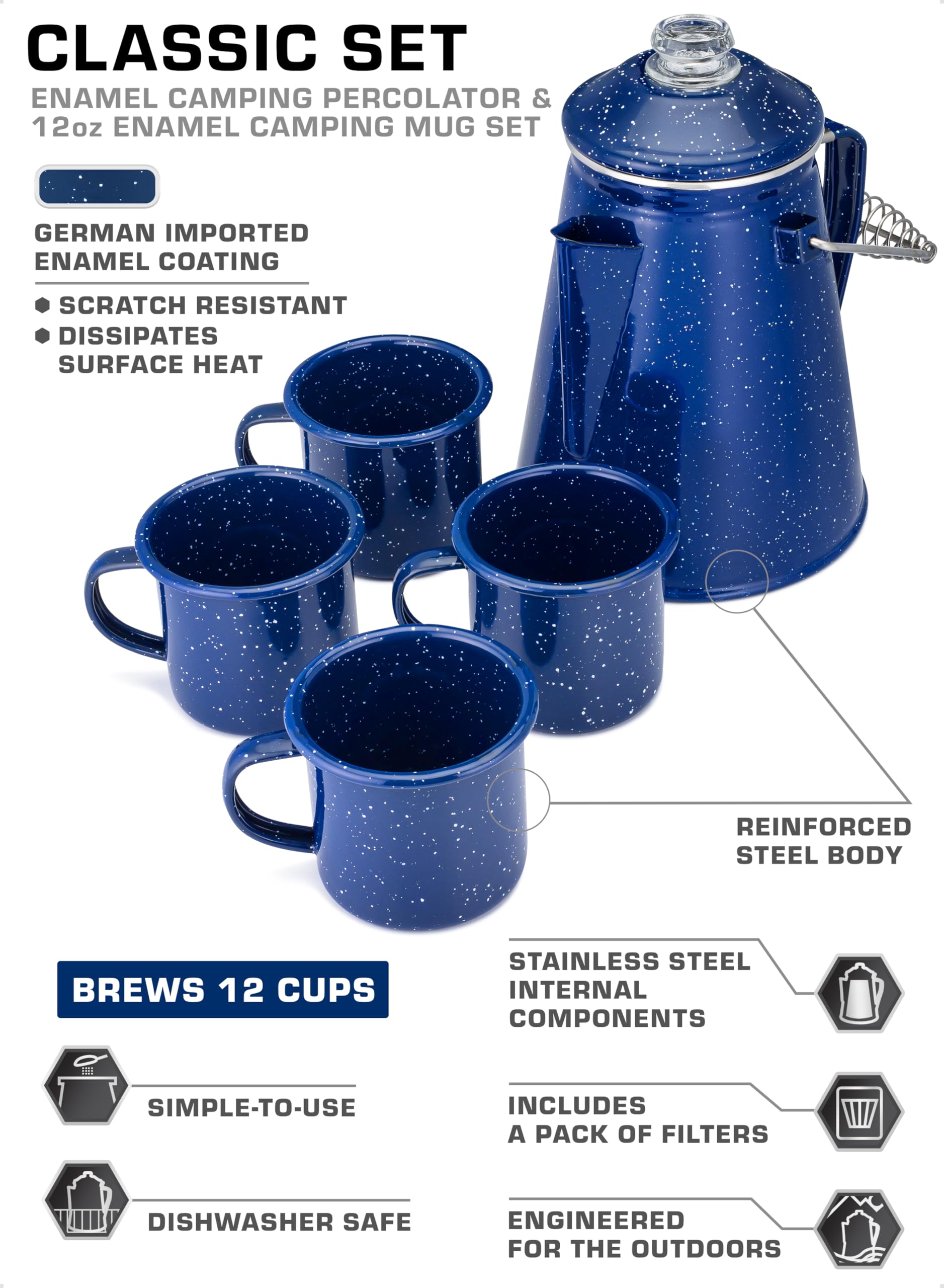 COLETTI Classic Camping Coffee Pot & Enamel Mug Set — Percolator Coffee Pot, Enamel Coffee Mug – Complete Nostalgic Bundle – German Imported Enamel Powder [12 oz, Set of 4] (Blue)