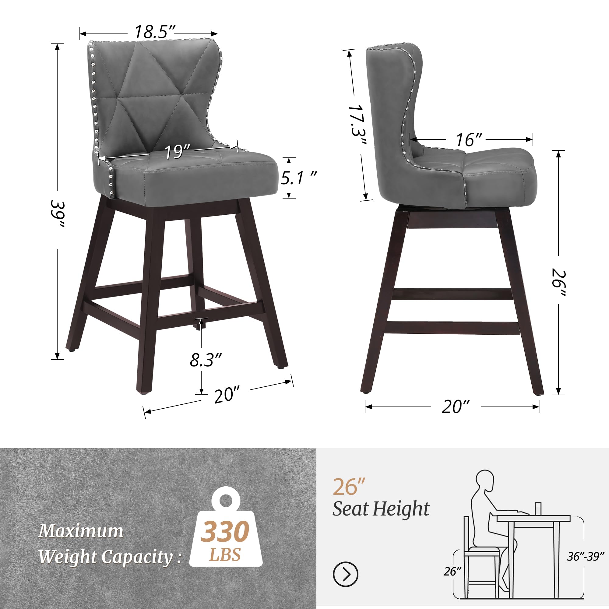 Cozyman Counter Height Bar Stools, 26" H Swivel Bar Stool with Back, Faux Leather Counter Stool, Solid Wood Legs, Retro Upholstered Barstools for Kitchen Island, Home Bar, Pub, Dark Gray