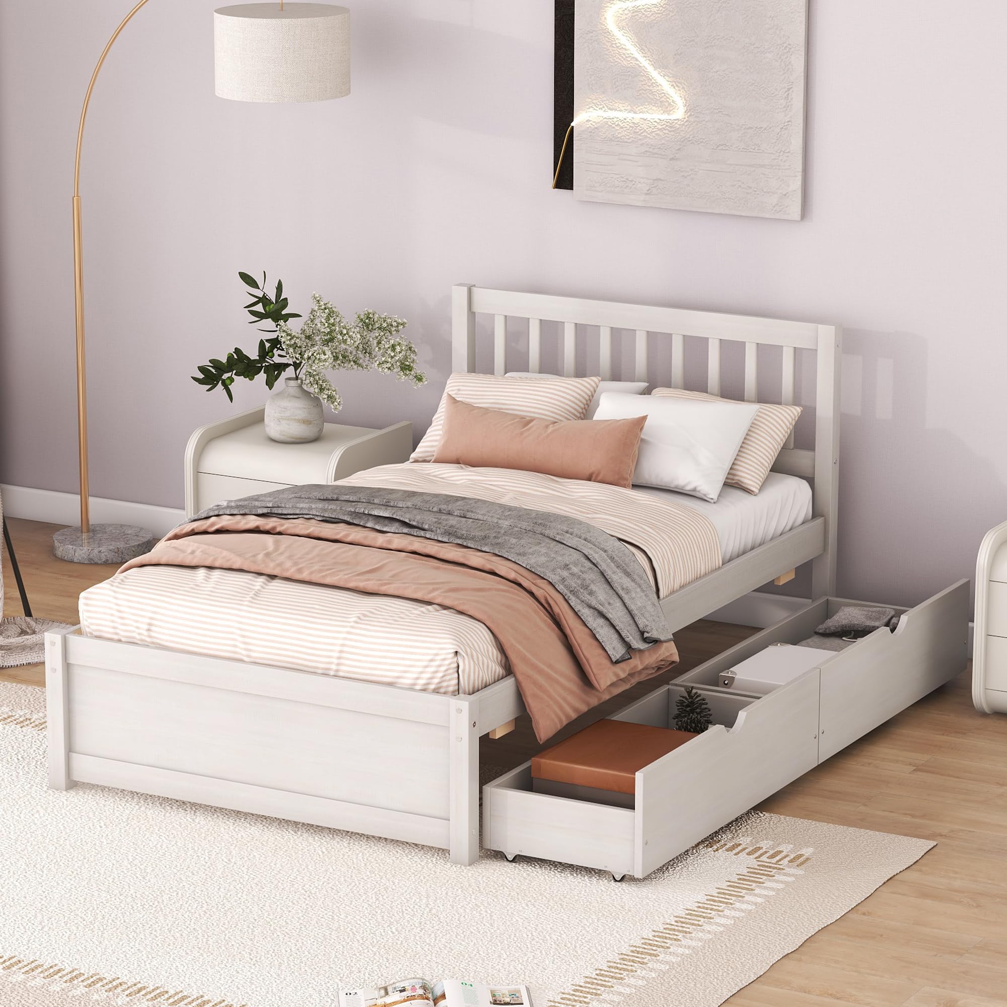 Harper & Bright Designs Twin Bed Frame with Storage Drawers,Wood Twin Beds with Drawers Underneath, Kids Twin Platform Bed with Headboard, No Box Spring Needed,White Washed