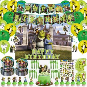 161pcs birthday party supplies - movie theme cupcake toppers party decorations for kids fans - serves 12 guests with banner, tablecloths, background cloths, balloons, hanging swirl, plates, napkins