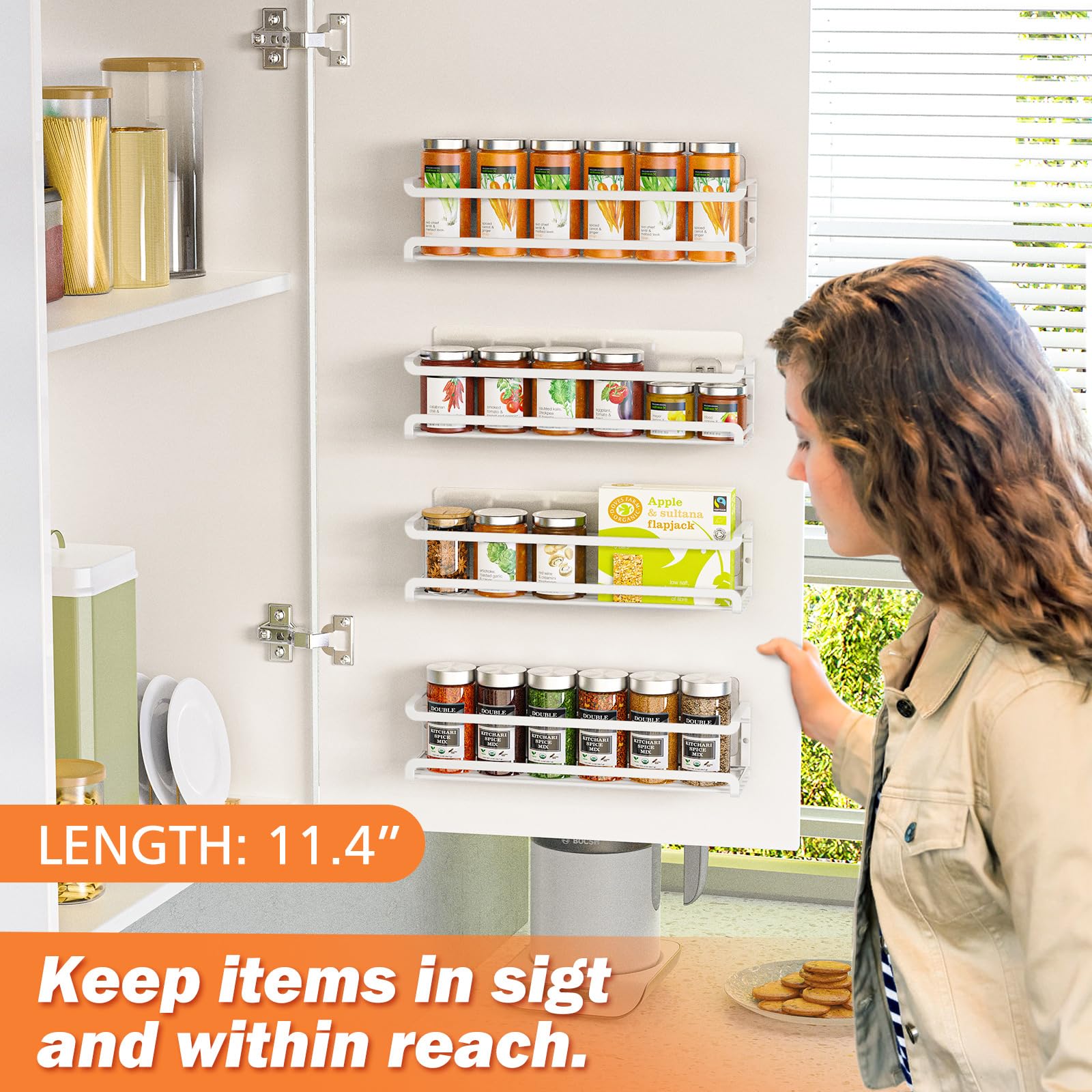 Bunoxea Spice Rack wall mounted 4 Pack, Space-Saving Spice Organizer for Spice Jars and Seasonings,Screw or Adhesive Hanging Spice Rack Organizer for Your Kitchen Cabinet,or Pantry Door,White