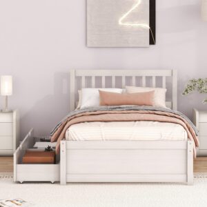 Harper & Bright Designs Twin Bed Frame with Storage Drawers,Wood Twin Beds with Drawers Underneath, Kids Twin Platform Bed with Headboard, No Box Spring Needed,White Washed