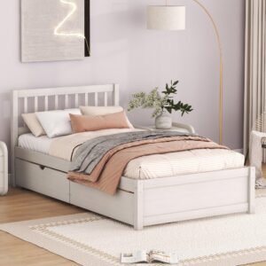 Harper & Bright Designs Twin Bed Frame with Storage Drawers,Wood Twin Beds with Drawers Underneath, Kids Twin Platform Bed with Headboard, No Box Spring Needed,White Washed