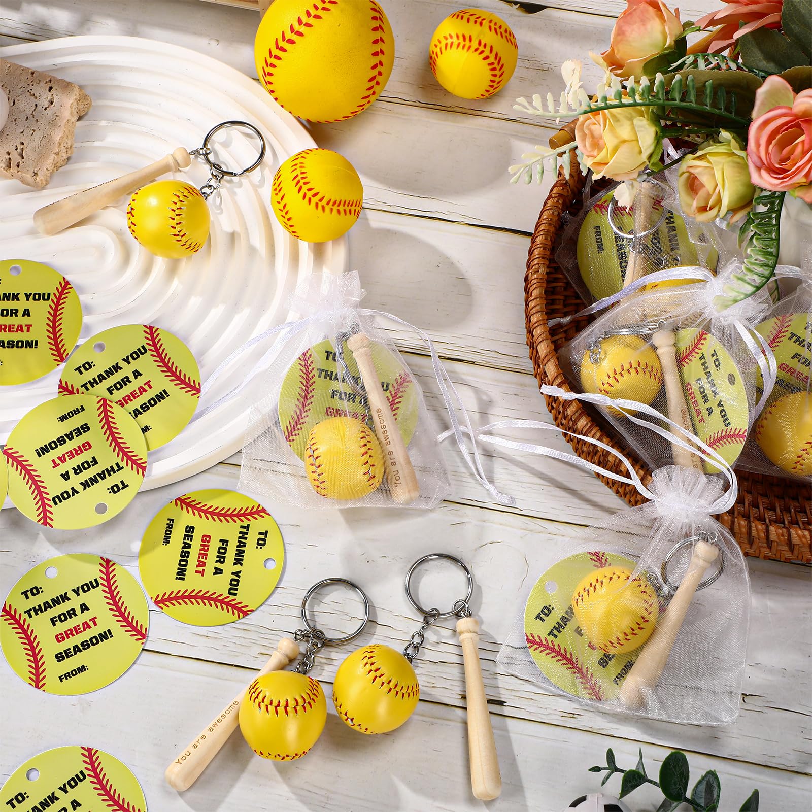 Fumete 12 Set Sports Party Favors Sports Keychain End of Season Team Gifts Thank You Cards Organza Bags Sports Party Supplies(Softball)