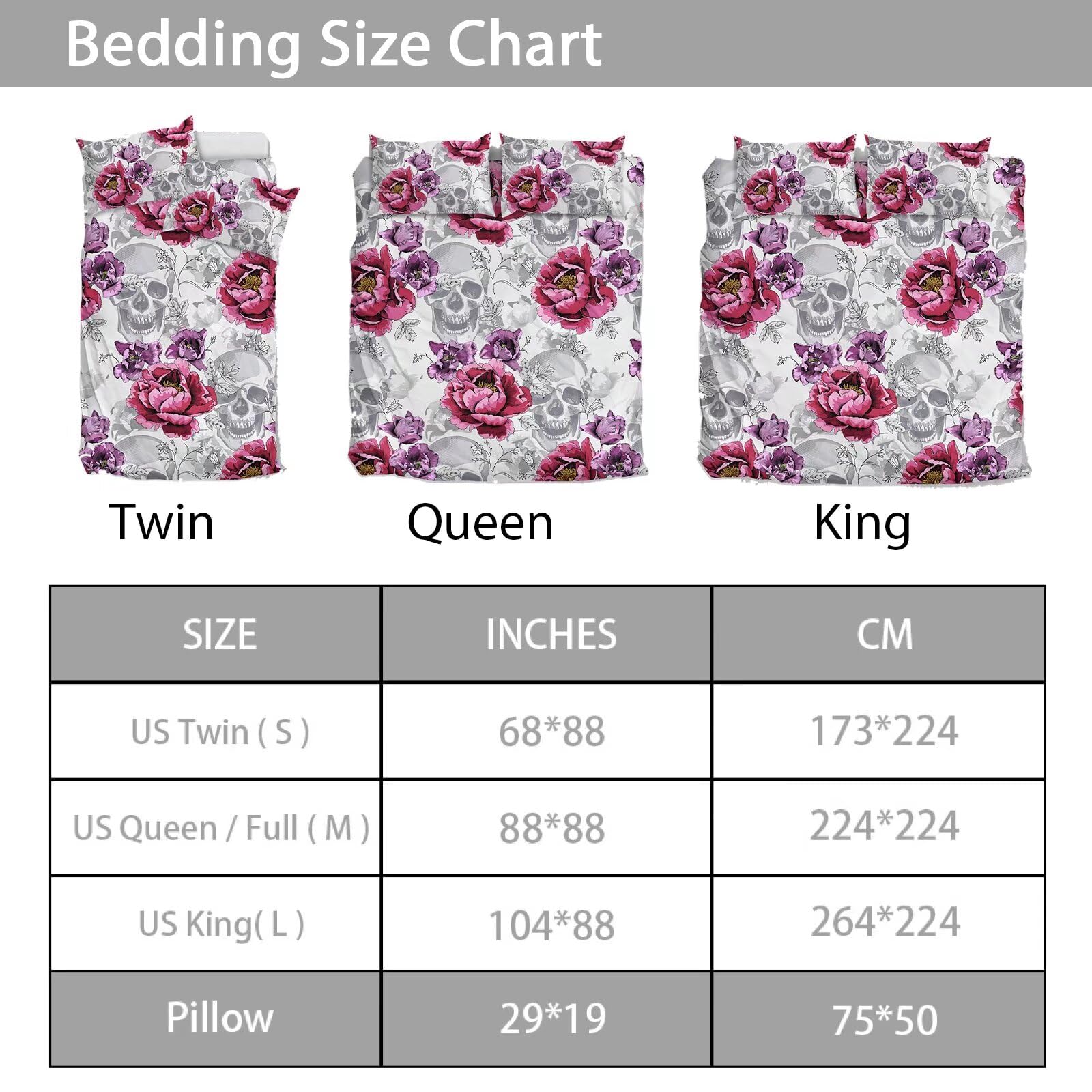 Gearider White Skull Bedding Sets for Teen Women, Death Skull Pattern Duvet Cover Set, Skeleton Theme Peony Floral Bedding Set Queen Size