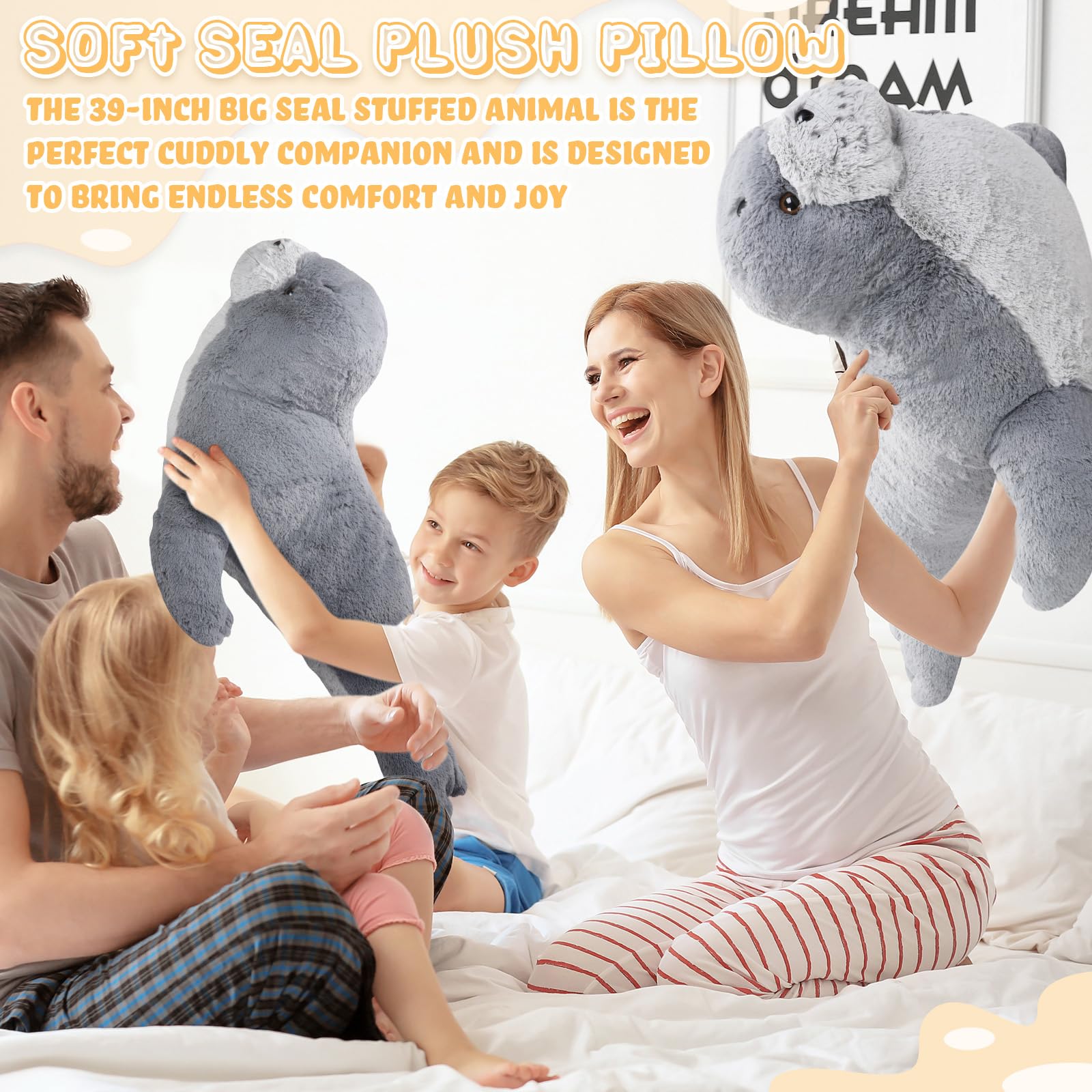 39 Inch Giant Seal Plush Stuffed Animal Large Soft Cuddly Grey Cute Hug Seal Plush Toy Adorable Big Seal Pillow Gift for Kids Sleeping Companion Birthday Ocean Animals Decor