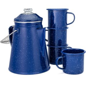 coletti classic camping coffee pot & enamel mug set — percolator coffee pot, enamel coffee mug – complete nostalgic bundle – german imported enamel powder [12 oz, set of 4] (blue)