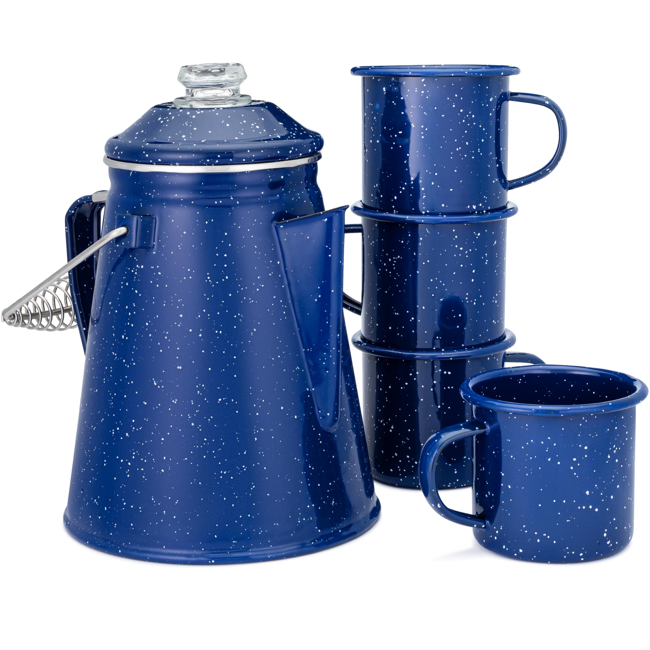 COLETTI Classic Camping Coffee Pot & Enamel Mug Set — Percolator Coffee Pot, Enamel Coffee Mug – Complete Nostalgic Bundle – German Imported Enamel Powder [12 oz, Set of 4] (Blue)