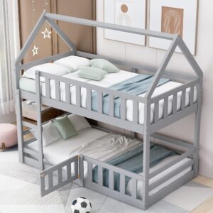 BestLM Twin Over Twin House Bunk Bed with Ladder and Roof, Wood Low Bunk Bed Twin Over Twin with Fence and Lockable Door for Kids, Teens, Boys, Girls, No Box Spring Needed, Gray