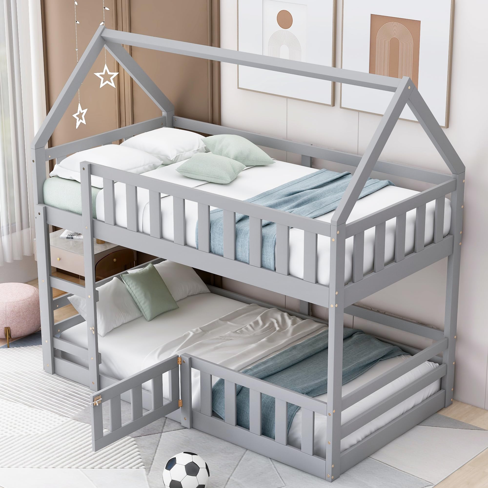 BestLM Twin Over Twin House Bunk Bed with Ladder and Roof, Wood Low Bunk Bed Twin Over Twin with Fence and Lockable Door for Kids, Teens, Boys, Girls, No Box Spring Needed, Gray