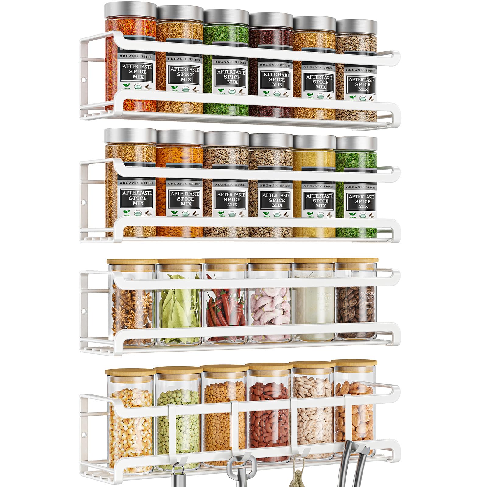 Bunoxea Spice Rack wall mounted 4 Pack, Space-Saving Spice Organizer for Spice Jars and Seasonings,Screw or Adhesive Hanging Spice Rack Organizer for Your Kitchen Cabinet,or Pantry Door,White