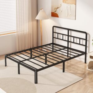 yicensen 14 inch full bed frame with headboard, heavy duty metal metal full size platform bed frame no box spring needed with rounded corner legs, noise free, easy assembly, black