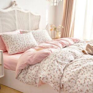 wake in cloud - floral duvet cover set, coquette cottagecore aesthetic cute flower pattern for women teen girls, soft lightweight bedding, 3-piece, pink, queen size