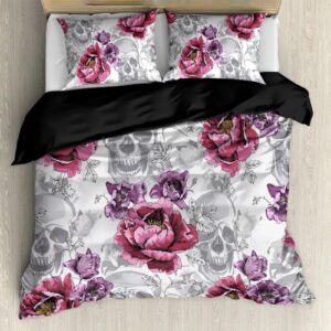 gearider white skull bedding sets for teen women, death skull pattern duvet cover set, skeleton theme peony floral bedding set queen size