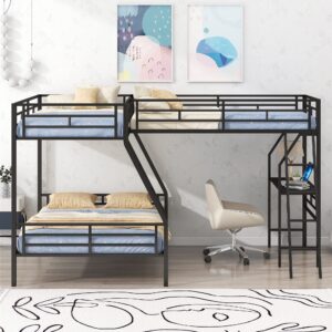 SOFTSEA L-Shaped Twin Over Full Bunk Bed with Built-in Desk, Heavy-Duty Metal Bunk Bed Frame for 3 Persons, Space-Saving Design, No Box Spring Needed, Safety Guardrails, Noise-Free, Black