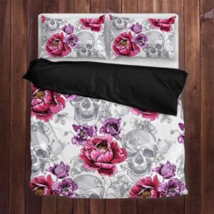 Gearider White Skull Bedding Sets for Teen Women, Death Skull Pattern Duvet Cover Set, Skeleton Theme Peony Floral Bedding Set Queen Size